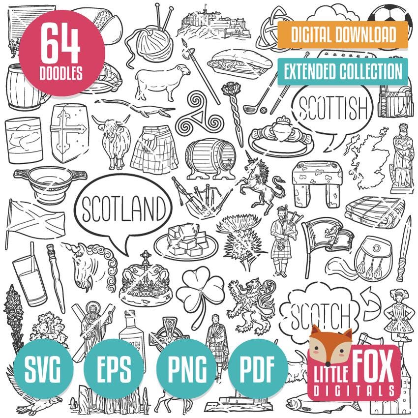 SCOTLAND SVG, Doodle Icon Vectors. Scottish Vector Set. Hand Drawn ...