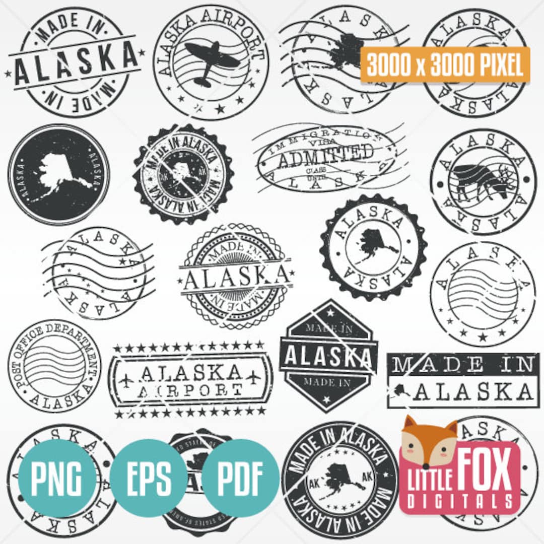 ALASKA Stamps, AK USA Set of Postmark. Made in Seal Travel Passport ...