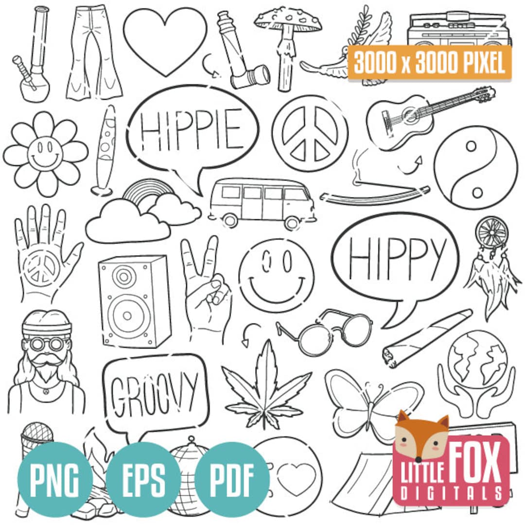 HIPPIE Icons Doodle Set. Hippy Icons Clipart Scrapbook. Retro 60's ...