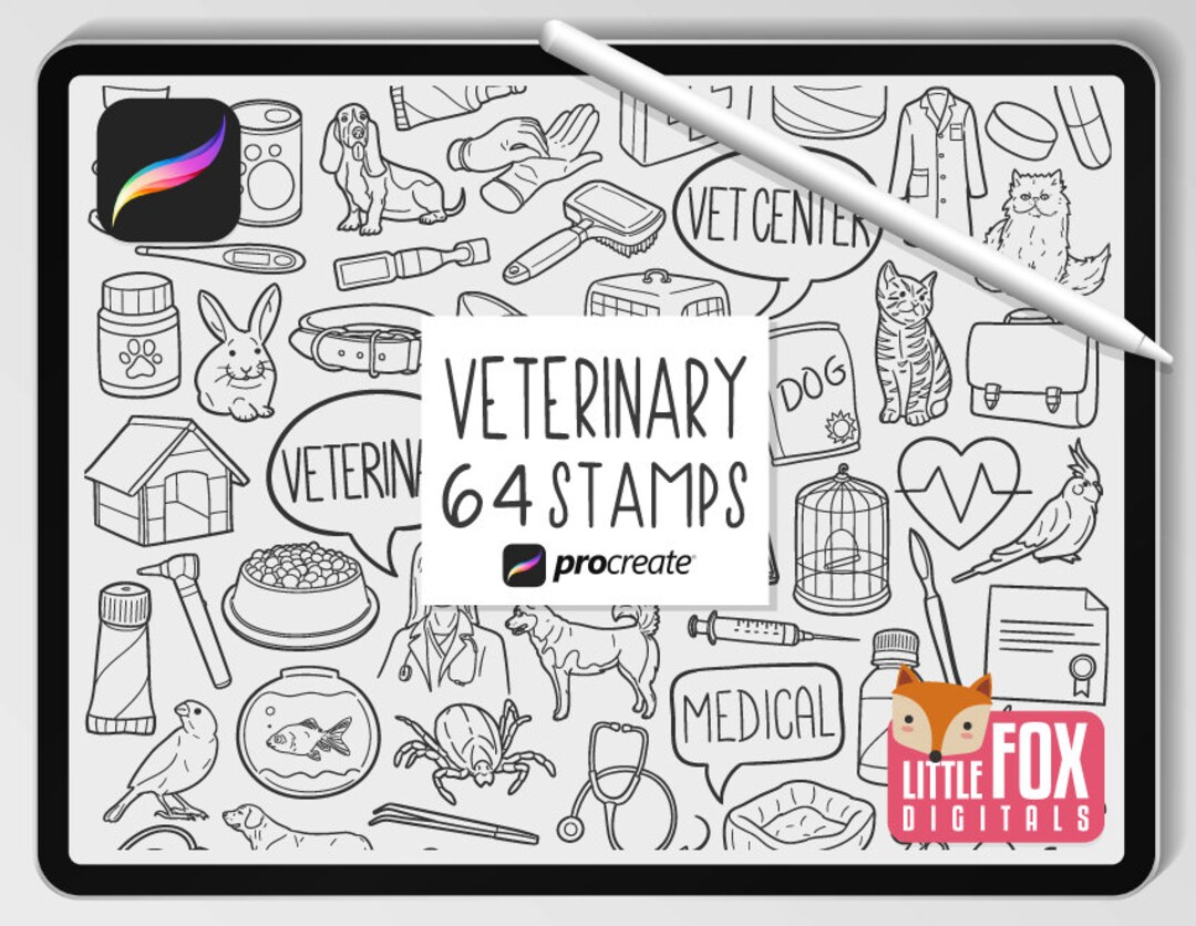 VETERINARY STAMPS, Procreate Brushes, Animal Vet Icons Bundle Doodles ...
