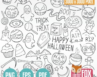 Halloween Clipart Bundle Doodle Spooky Cute Hand Drawn Clip - Etsy