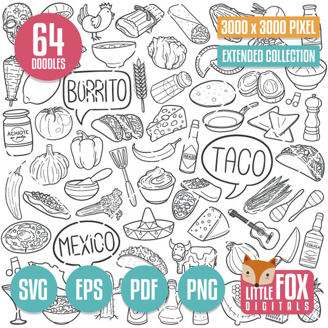TACO and BURRITO SVG Doodle Icons. Mexican Fast Food Day - Etsy