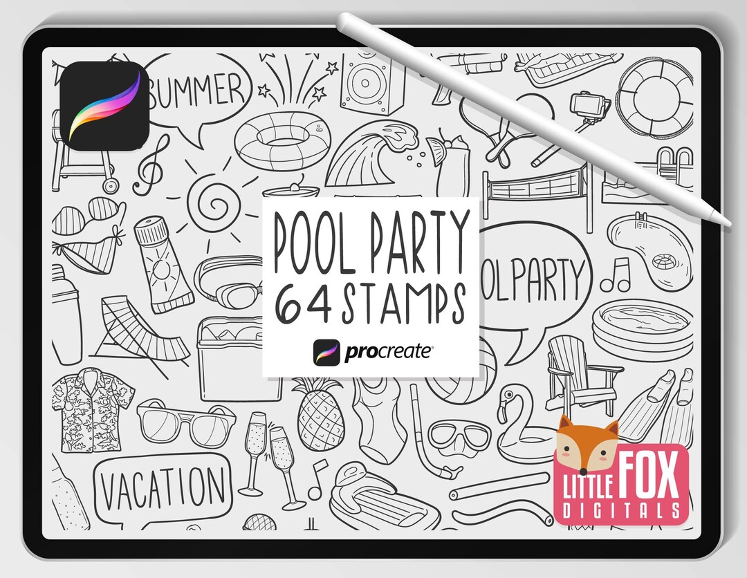 POOL PARTY STAMPS, Procreate Brushes, Summer Icons, Hand Vacation ...