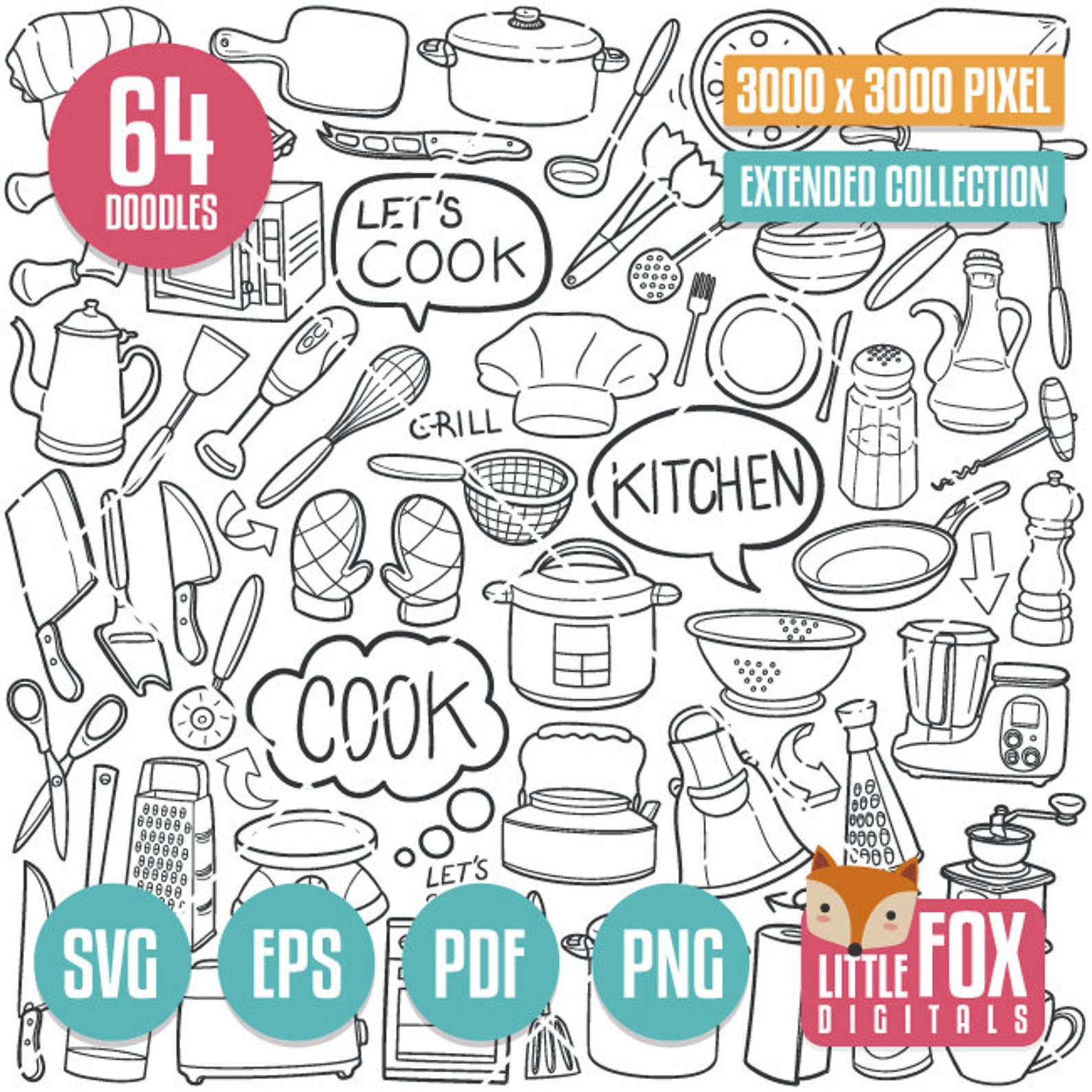 KITCHEN SVG Doodle Vector Icons. TOOLS Cooking Items of | Etsy