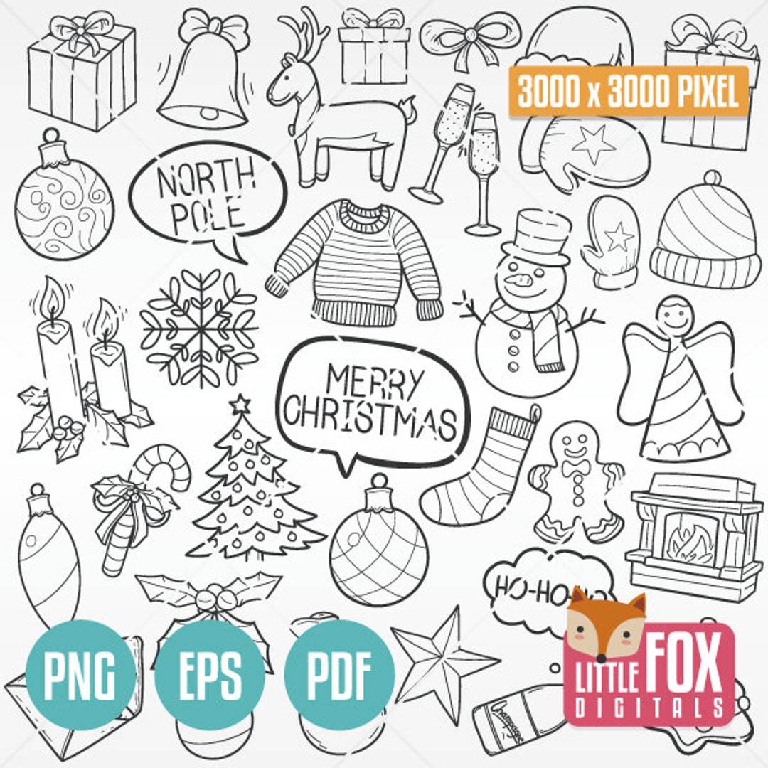 MERRY CHRISTMAS, Doodle Vector Icons. Winter Holidays Concept Art ...