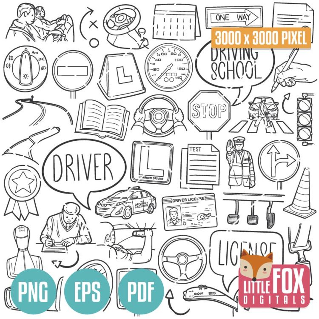 DRIVING SCHOOL Clipart Driver Education,vector Doodle Icons. Clipart ...