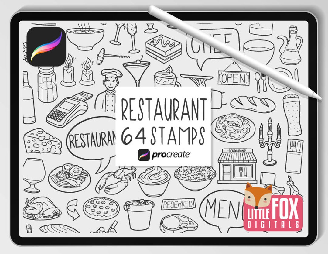 RESTAURANT STAMPS, Procreate Brushes, Food Icons, Chef Bundle Doodles ...