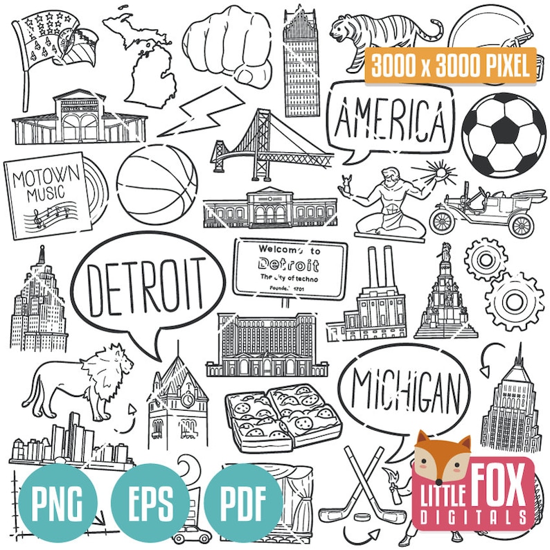 DETROIT, Michigan DOODLE Icons. Travel America Tourism. Culture and ...