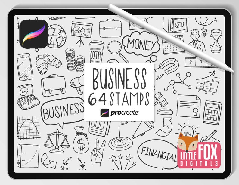 BUSINESS STAMPS, Procreate Brushes, Finance Icons, Money Bundle Doodles ...