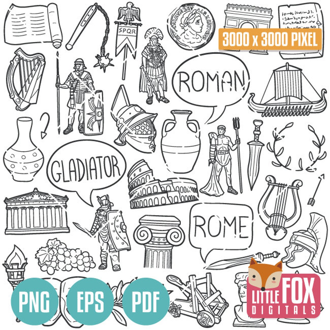 ROME EMPIRE History, Doodle Icon Vectors. Gladiator Roman Age Design ...