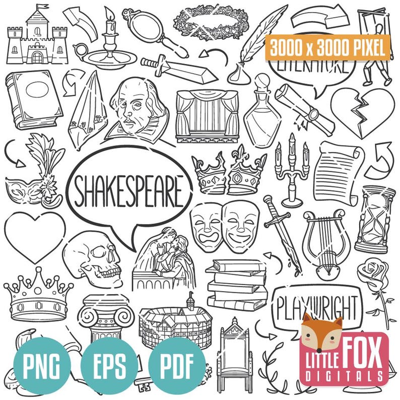 WILLIAM SHAKESPEARE Doodle Vector Icons. Literature, Writer Doodle ...