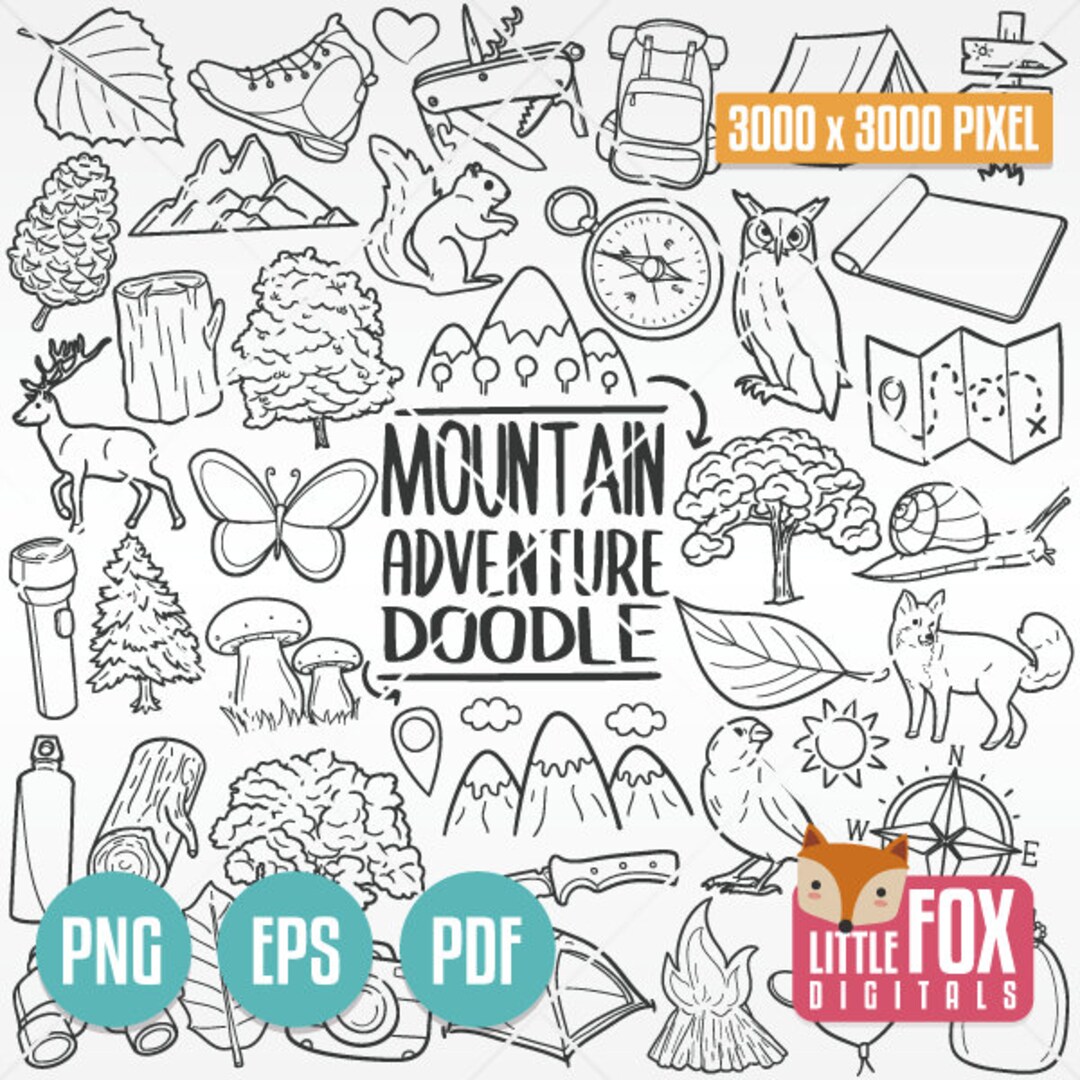 MOUNTAIN ADVENTURE, Doodle Vector Icons. Day Forest Family Friends ...