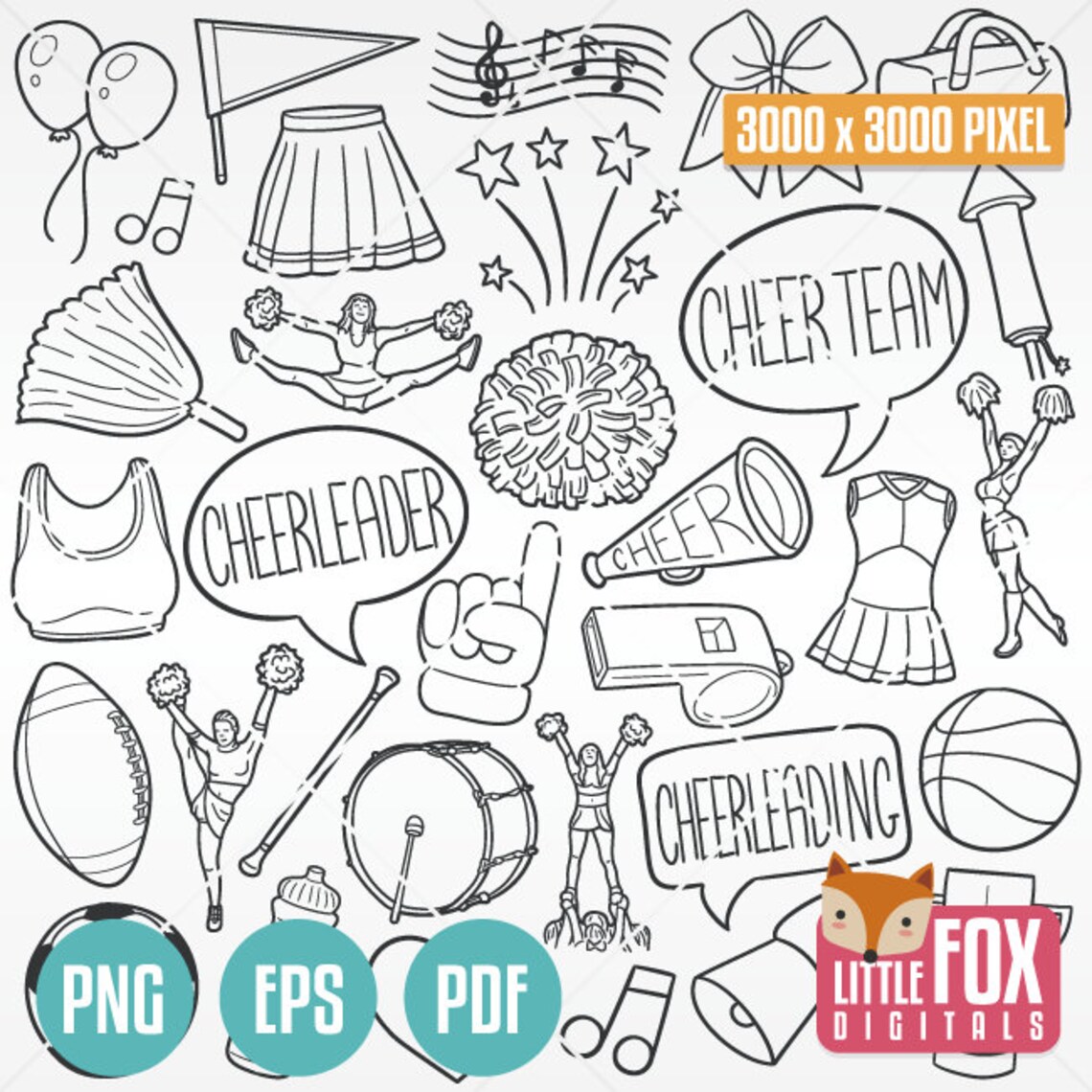 CHEERLEADER, Cheer Doodle Vector Icons. Cheerleading Clipart Scrapbook ...