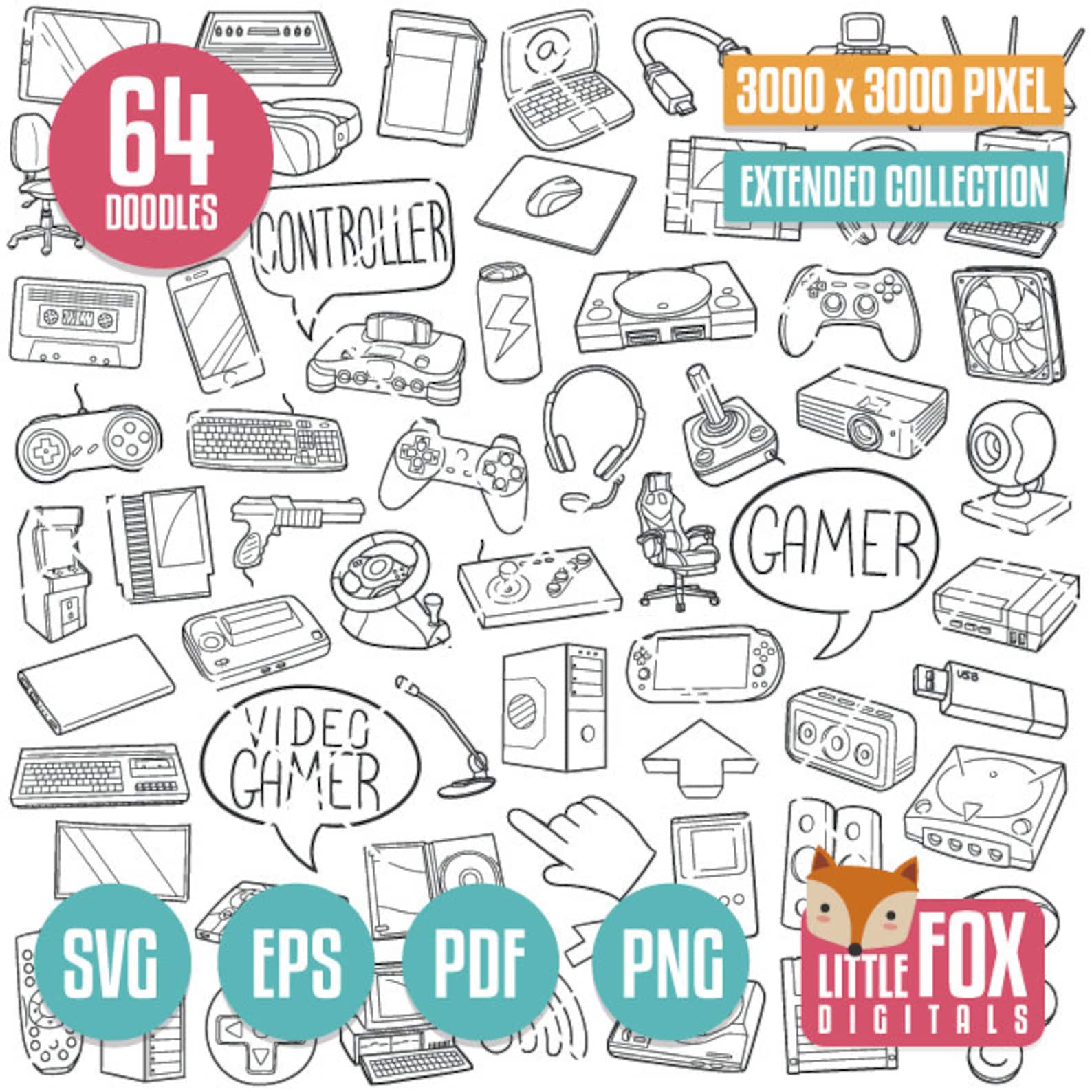 GAMER SVG, Doodle Vector Icons. Computer Video Game Doodle Icons ...