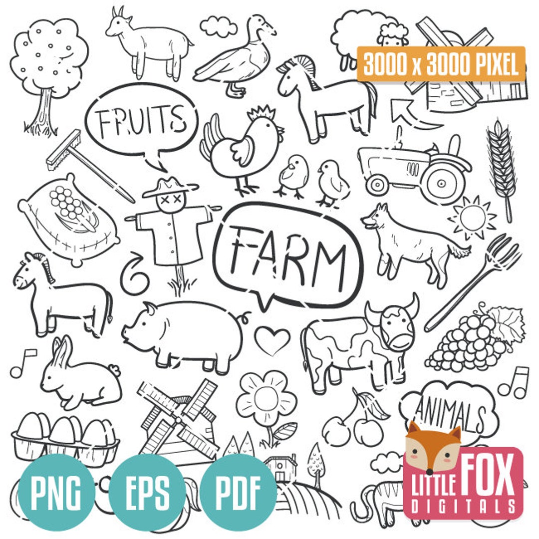 FARM ANIMALS, Doodle Vector Icons. Animals and Fruits Holidays Doodle ...