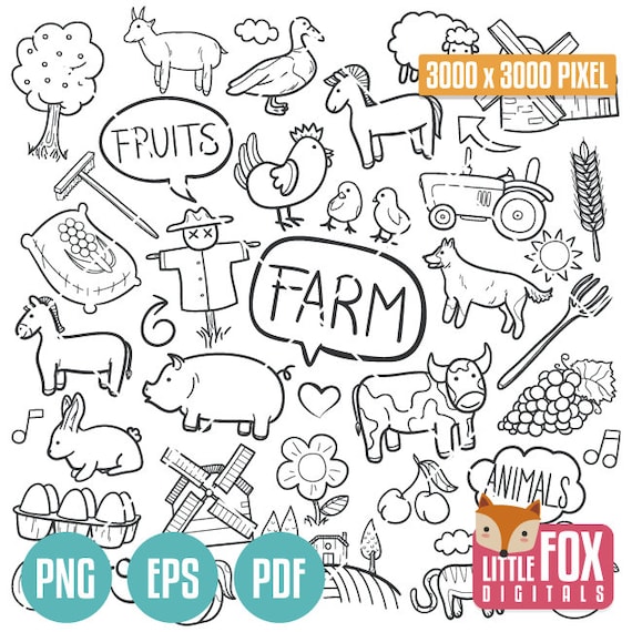 FARM ANIMALS Doodle Vector Icons. Animals and Fruits Holidays - Etsy