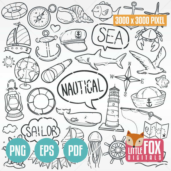 NAUTICAL, Doodle Vector Icons. Life Animals Objects Doodle Icons ...