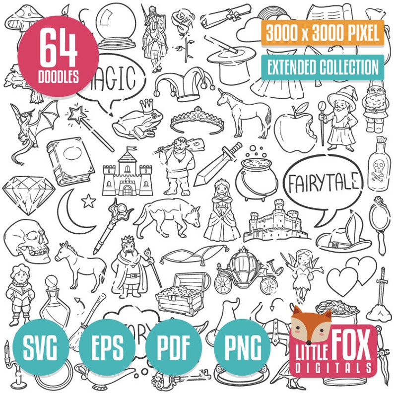 FAIRYTALE SVG Doodle Icon Vectors. Fantasy Story Doodle Icons Clipart ...