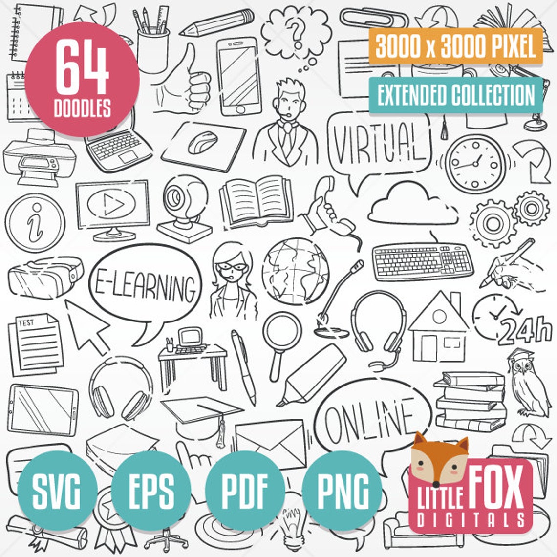 E-LEARNING, SVG Online School Home Doodle. Tele Study Icons Clipart ...