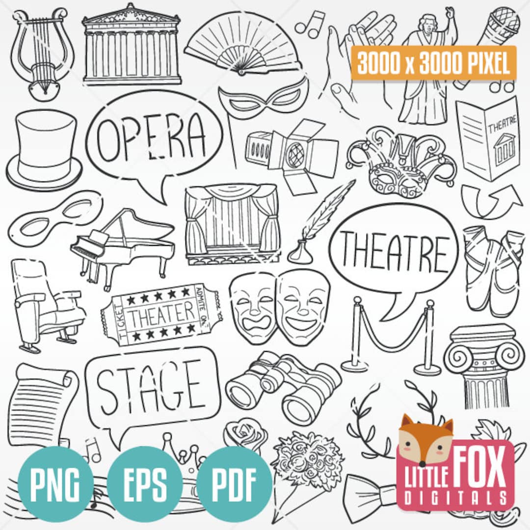 THEATRE, Opera Doodle Vector Icons. Stage Clipart Scrapbook Set Hand ...