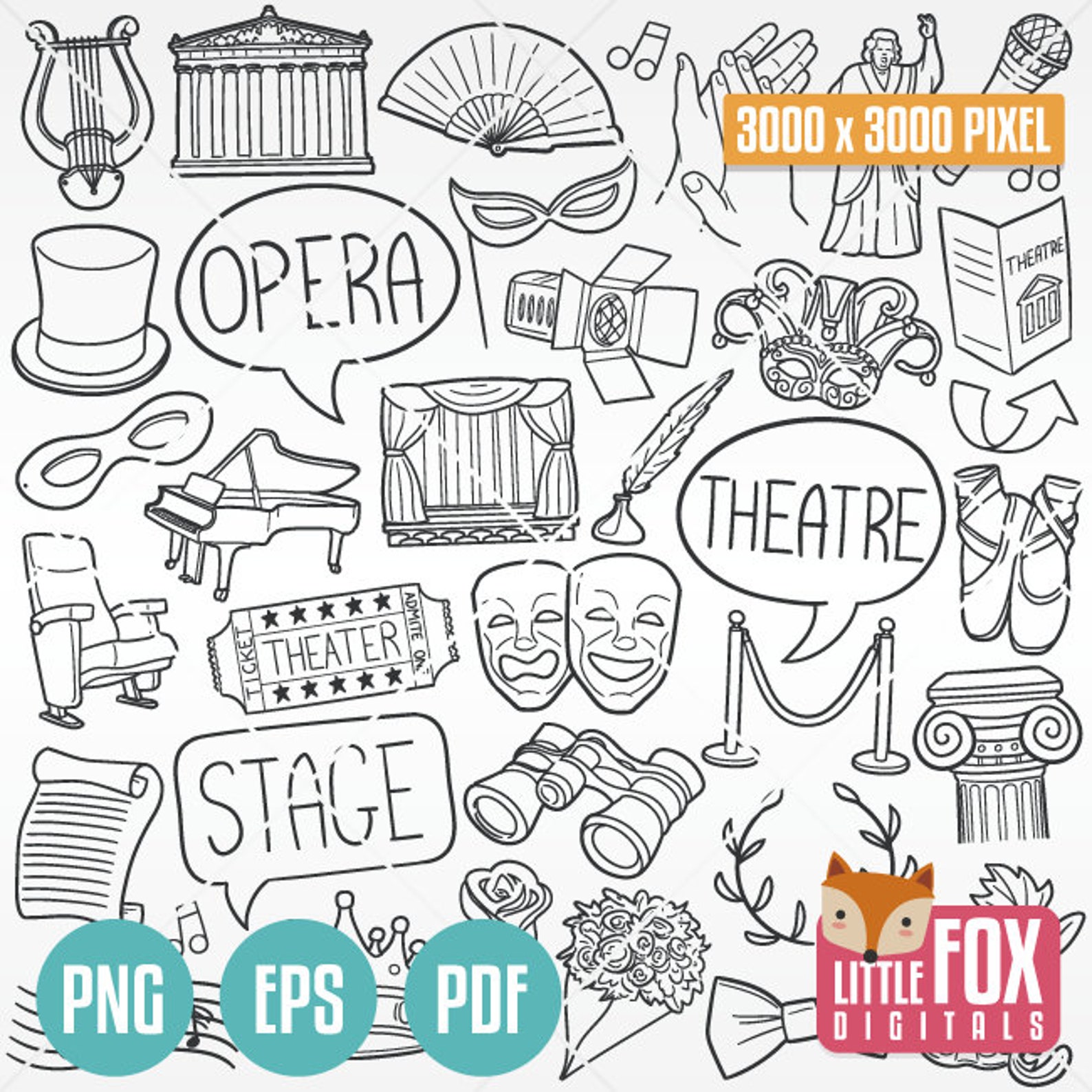 THEATRE Opera Doodle Vector Icons. Stage Clipart Scrapbook - Etsy
