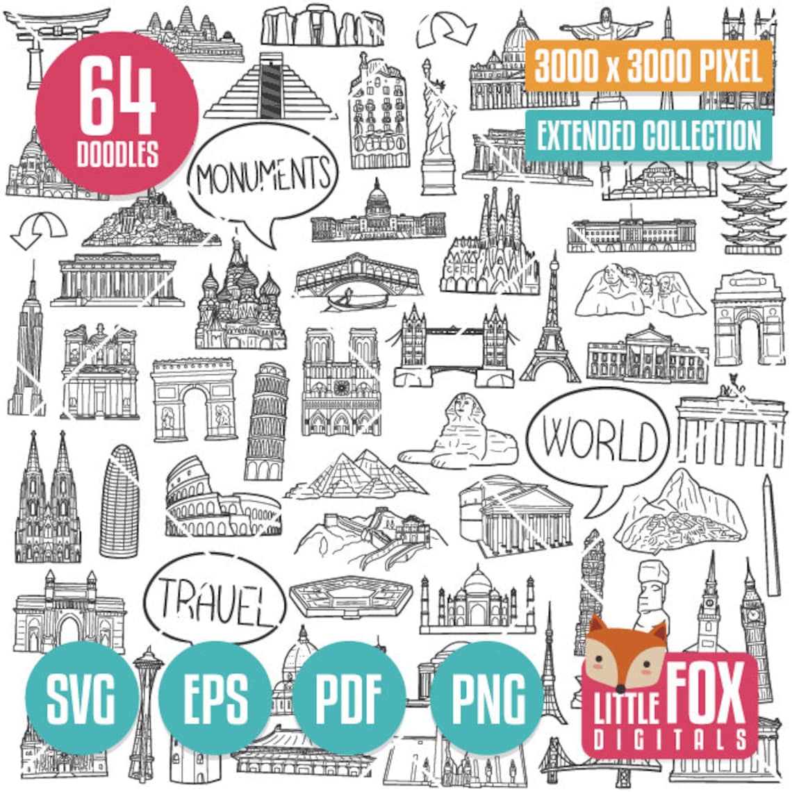 WORLD MONUMENTS SVG Doodle Vector Icons. Traveling and - Etsy