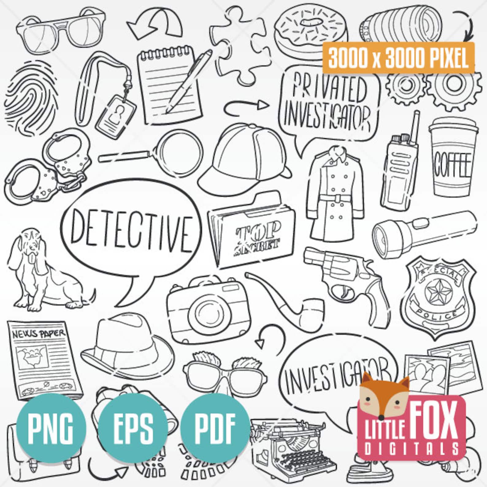 DETECTIVE Doodle Clip Art Vector Icon. Objects PRIVATED INVESTIGATOR ...