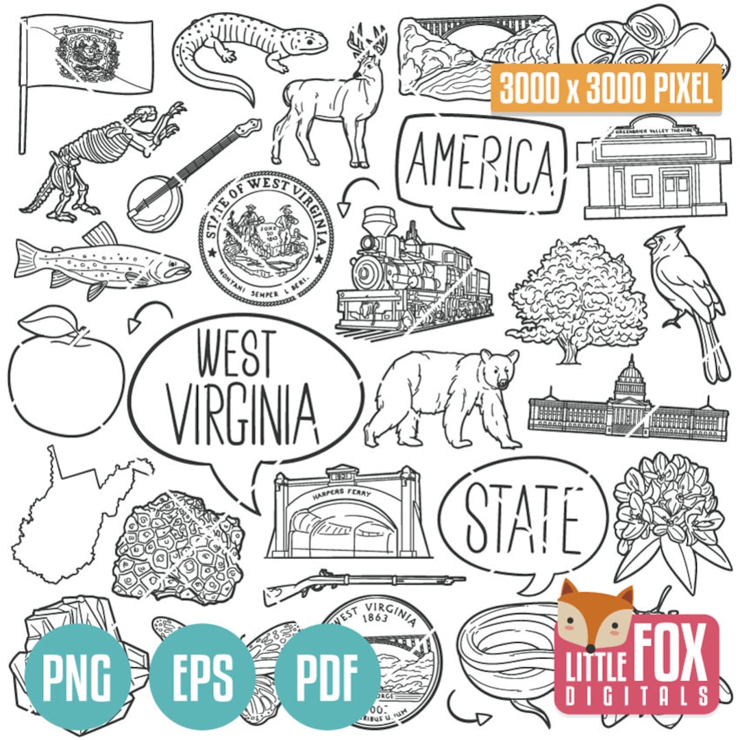 WEST VIRGINIA State Symbols. American State Clipart. WV Charleston ...