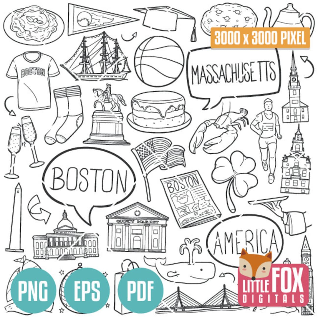 BOSTON, Massachusetts DOODLE Icons. Travel America Tourism. Culture and ...