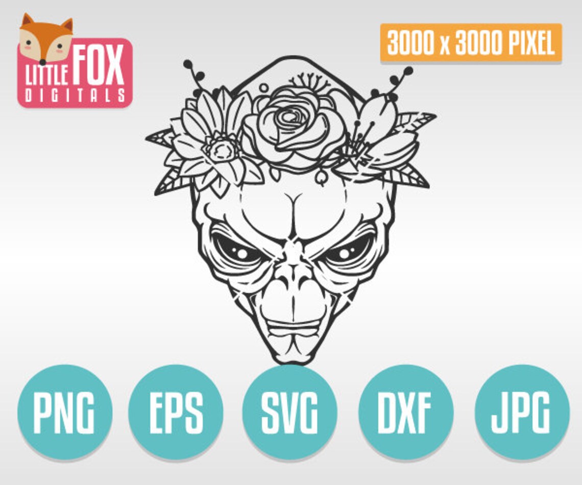 ALIEN HEAD FLORAL Svg. Ufo Face Wreath Silhouette Clipart Cut - Etsy