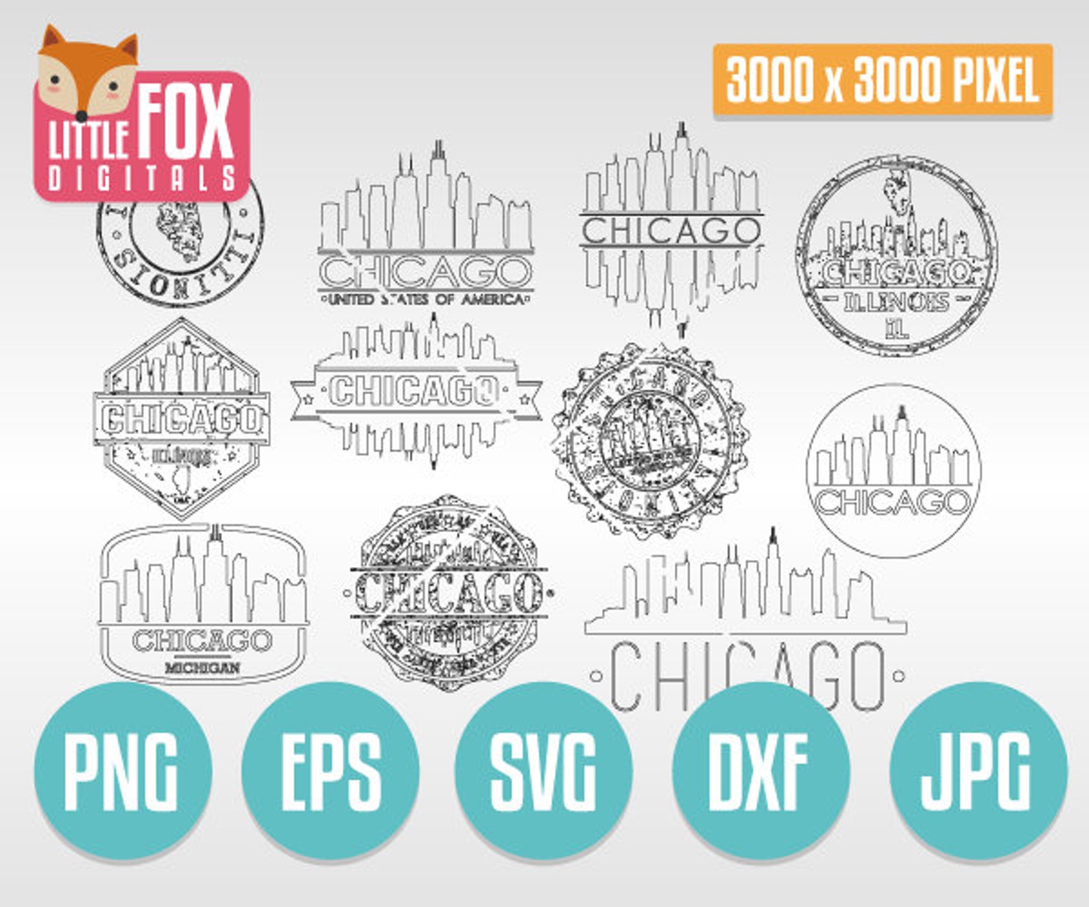 SVG CHICAGO Stamps. Svg Cut File Chicago. Svg Skyline Chicago. - Etsy