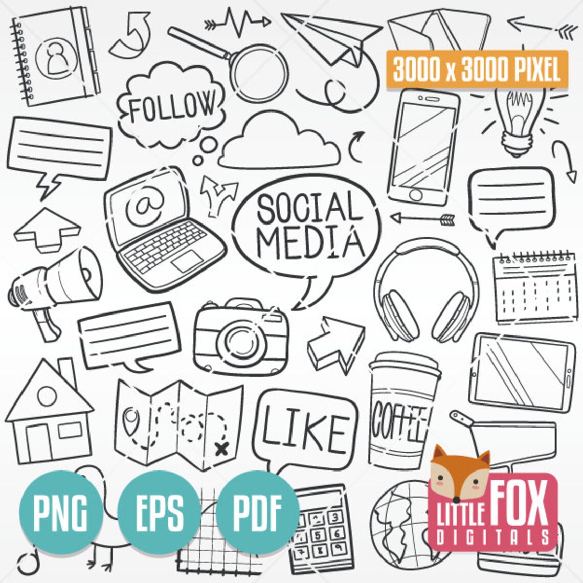 Doodle Social Media Icons Clipart: Hand-drawn Line Art (PNG, EPS, PDF ...