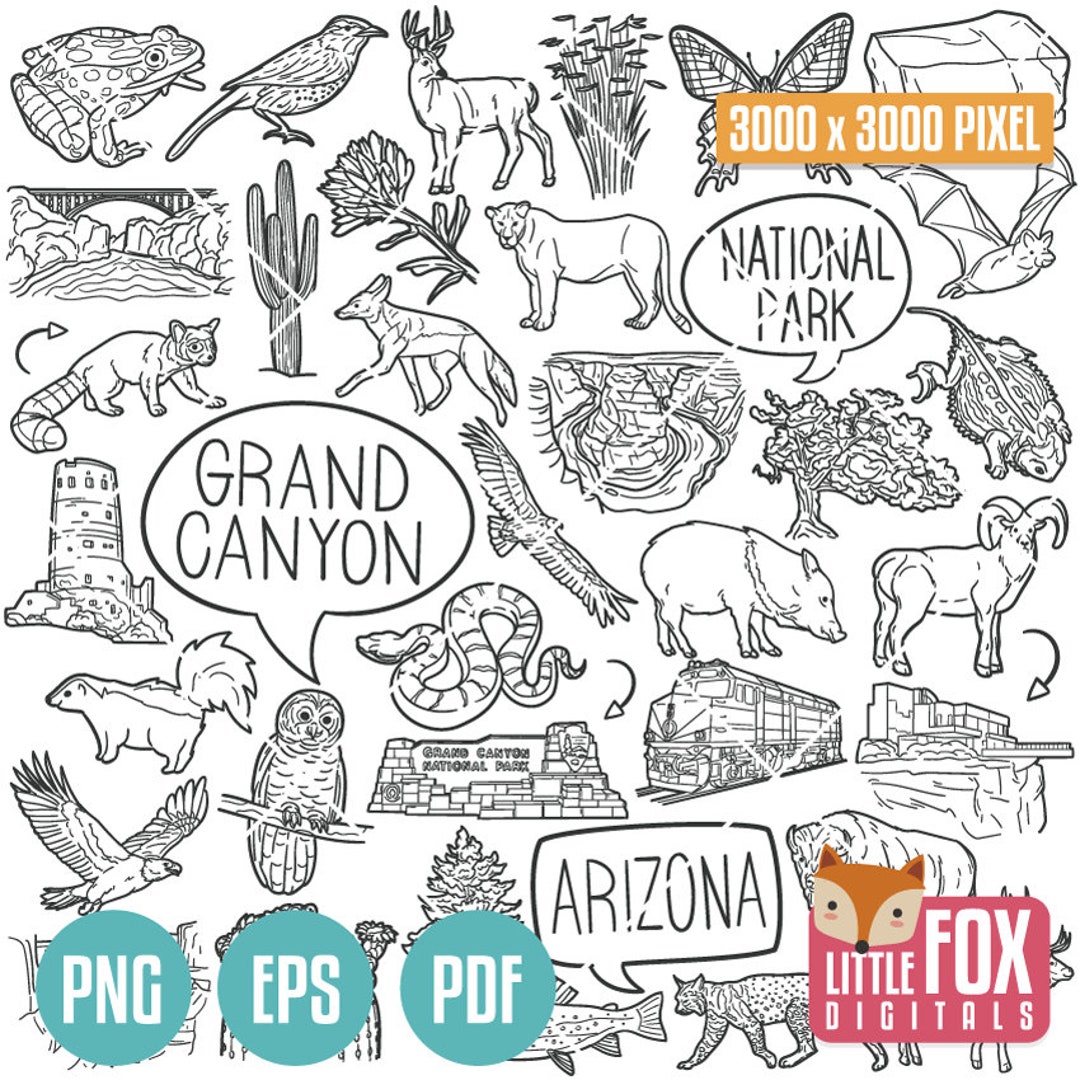 GRAND CANYON, Doodle Vector Icons. National Parks Clipart, Animals Clip Art, Arizona Set Artwork ...