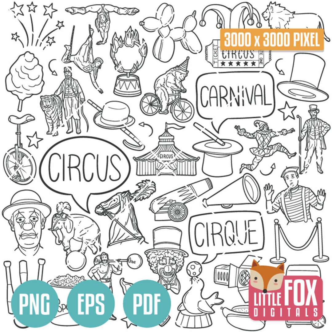CIRCUS, Doodle Vector Icons. Cirque Clipart Scrapbook Set Hand Drawn ...