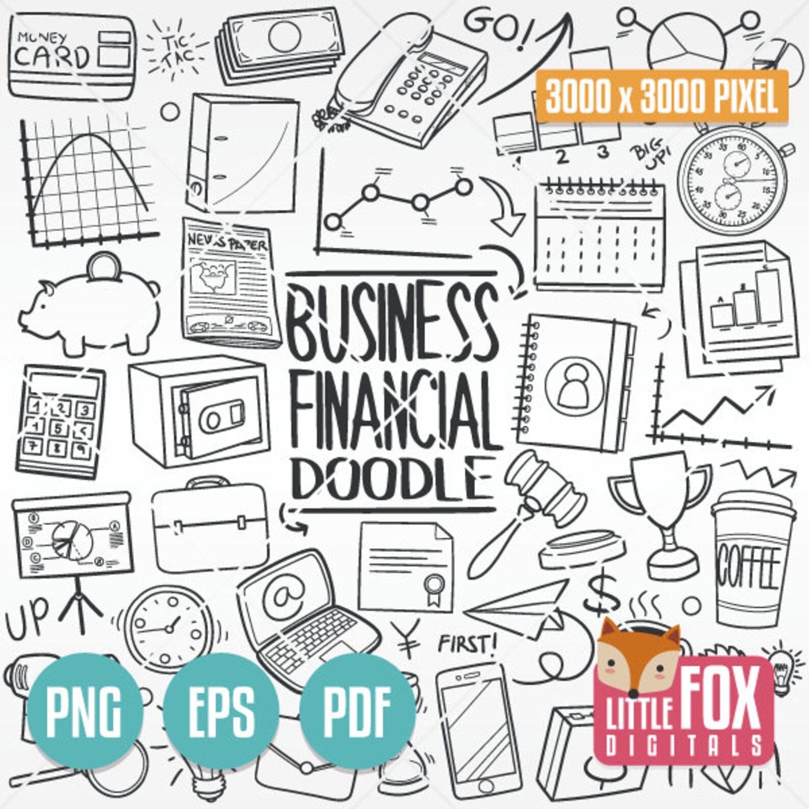BUSINESS and FINANCIAL Work Doodle, Icons Clipart Scrapbook Set ...