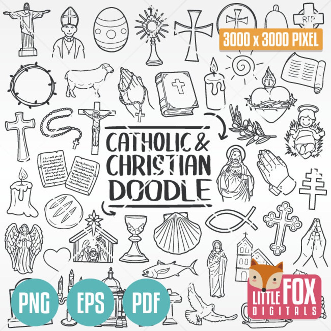 CHRISTIAN RELIGION, Doodle Vector Icons. Christianity Cross Pray ...