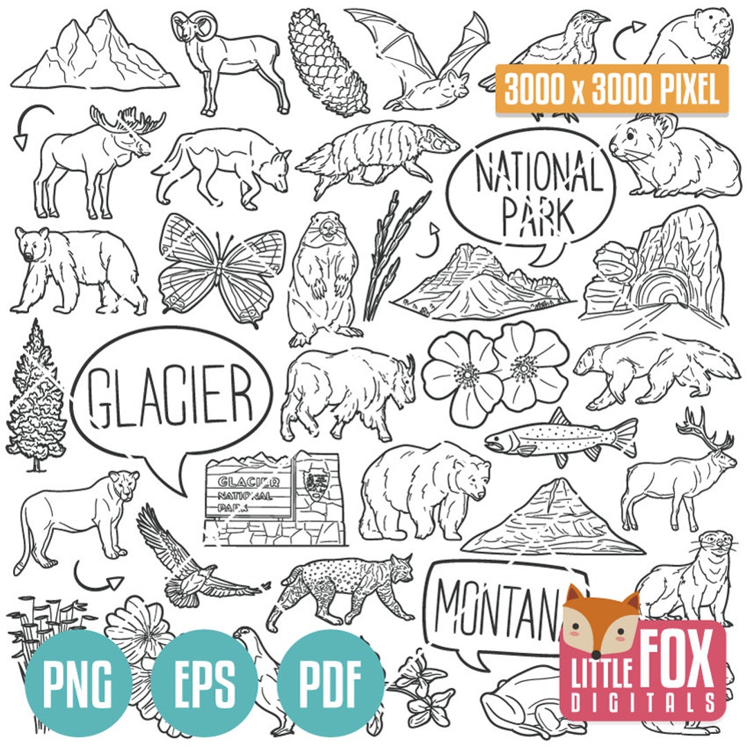 GLACIER, Doodle Vector Icons. National Parks Clipart, Animals Clip Art ...