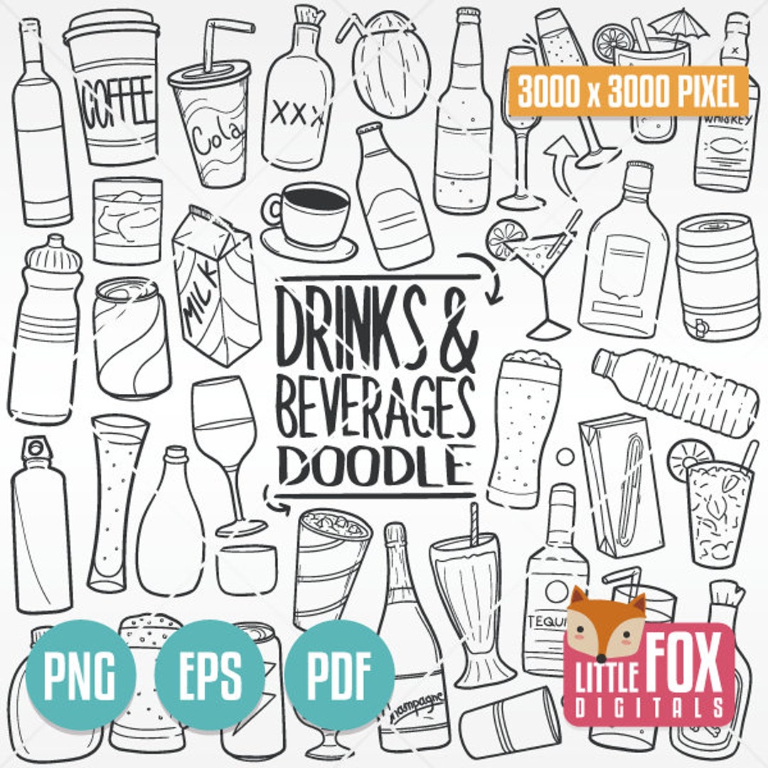 DRINKS and BEVERAGES, Doodle Vector Icons. Pub Coffee Alcohol Bottles ...