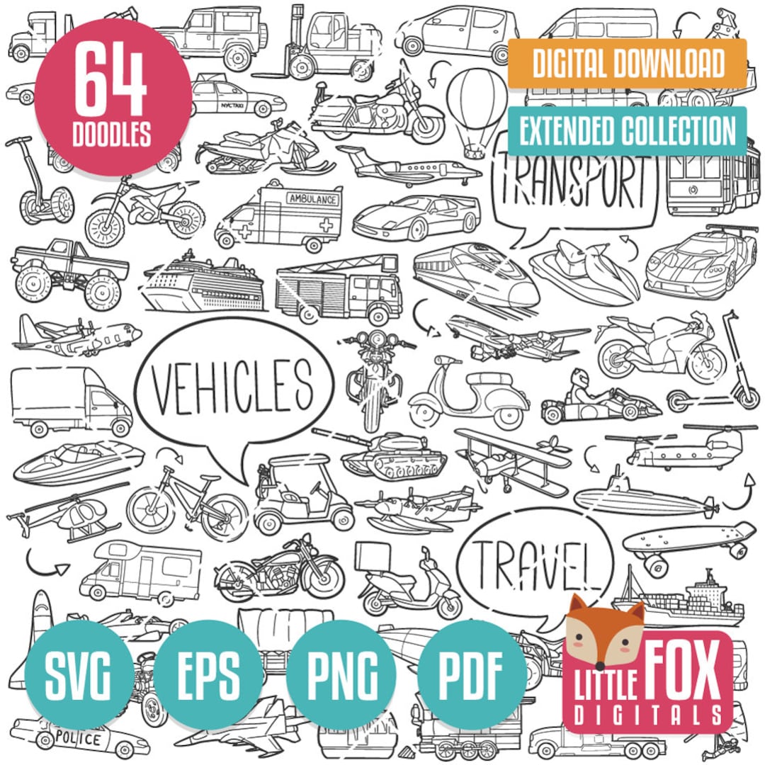 VEHICLES SVG. Transportation Clipart Symbol. Vehicle Doodle Icons ...