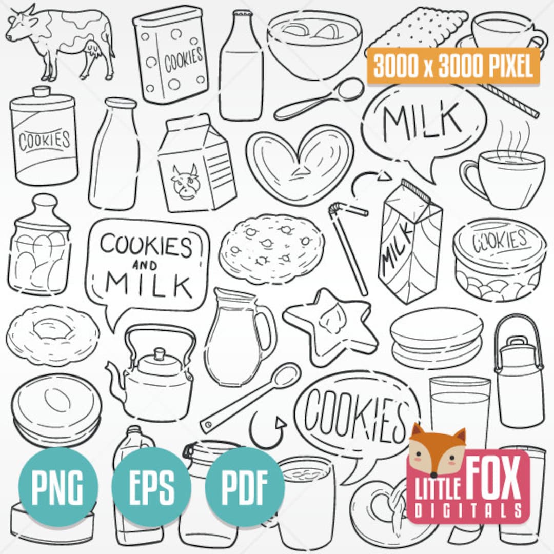 COOKIES AND MILK, Doodle Vector Icons. Food Doodle Icons Clipart ...