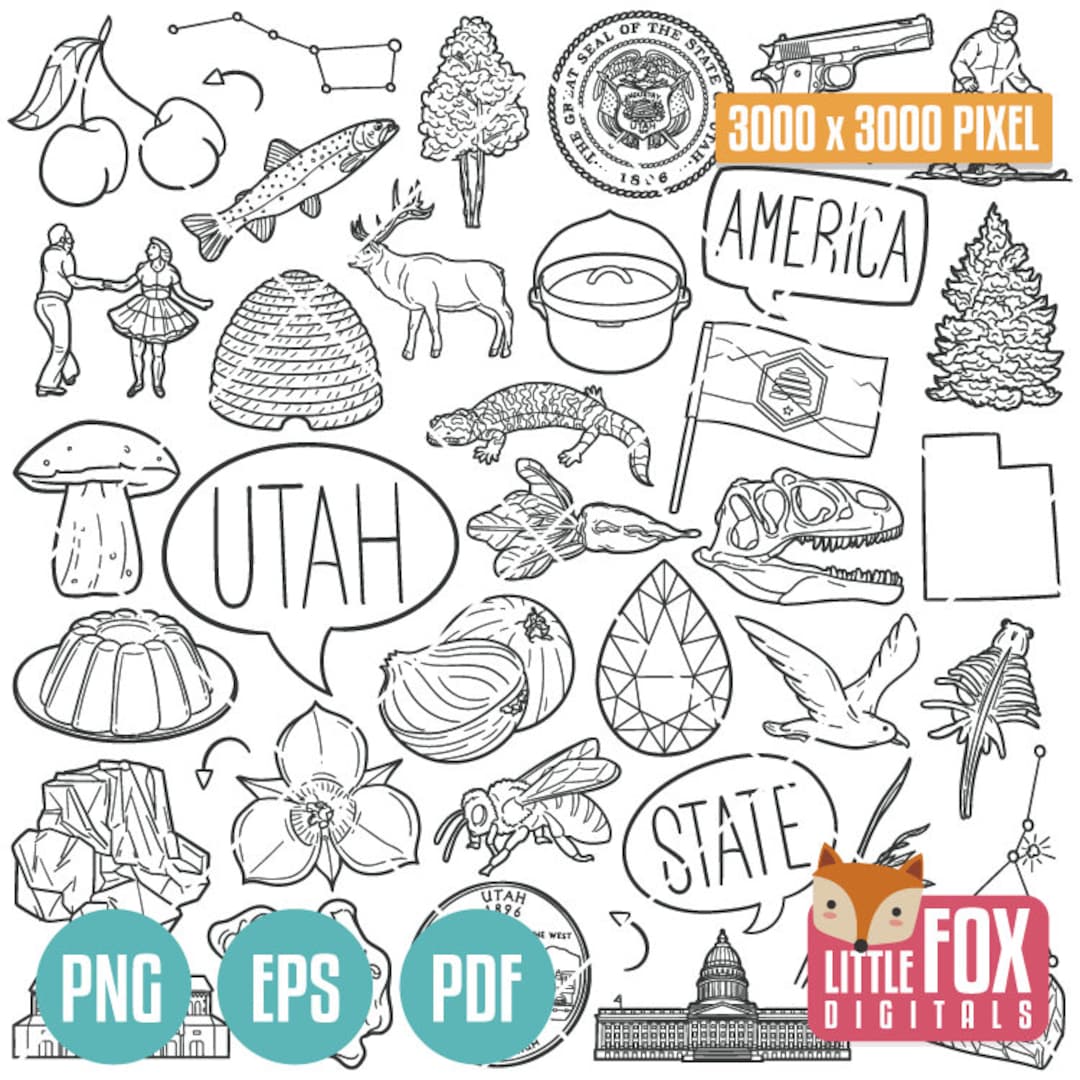 Utah State Symbols. American State Clipart. UT Salt Lake Traditional ...