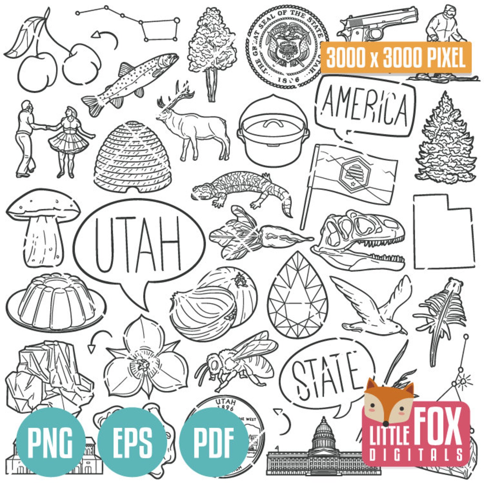Utah State Symbols. American State Clipart. UT Salt Lake Traditional ...