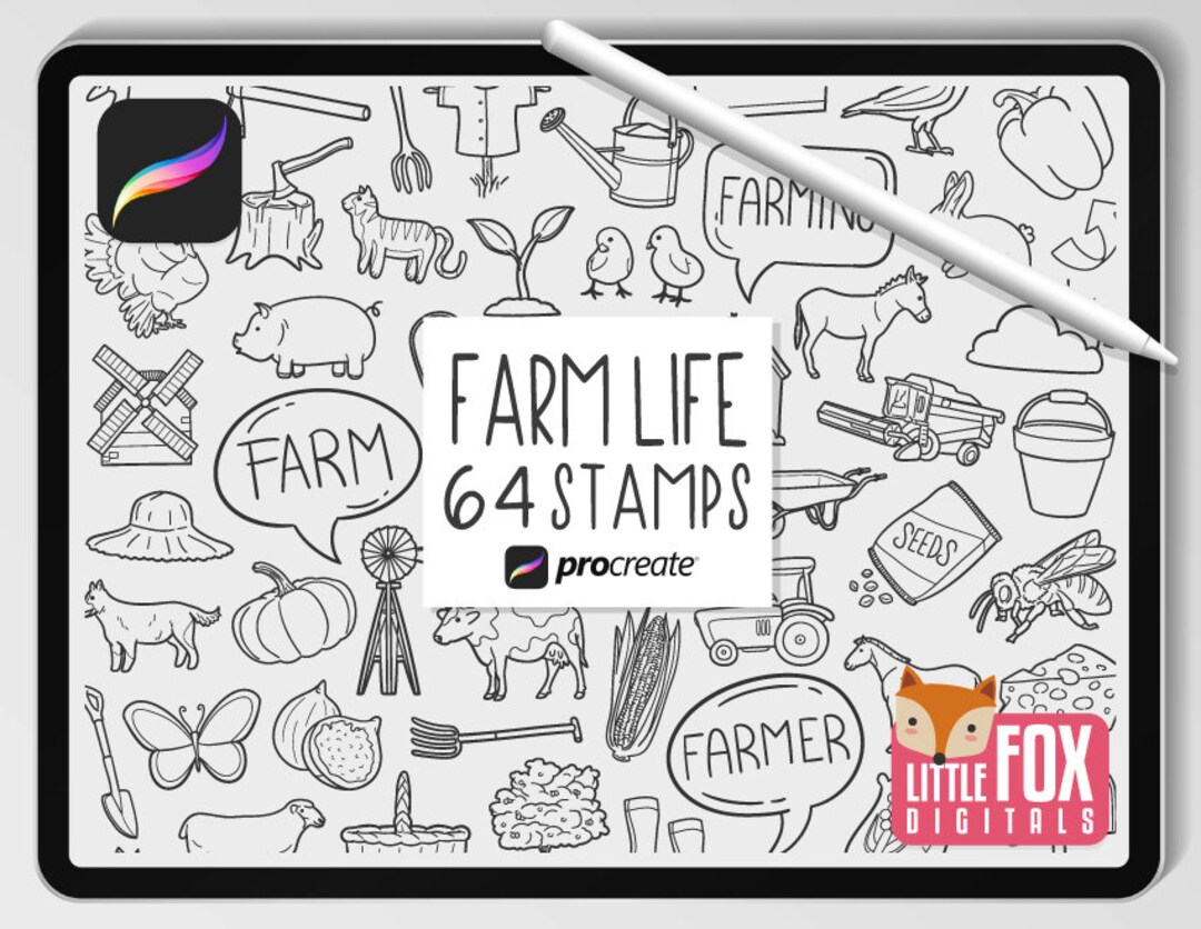FARM STAMPS, Procreate Brushes, Farm Animals Icons, Bundle Doodles ...