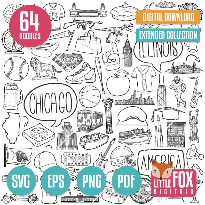 CHICAGO SVG Doodle Vector Icons. City Building Clipart. Illinois ...