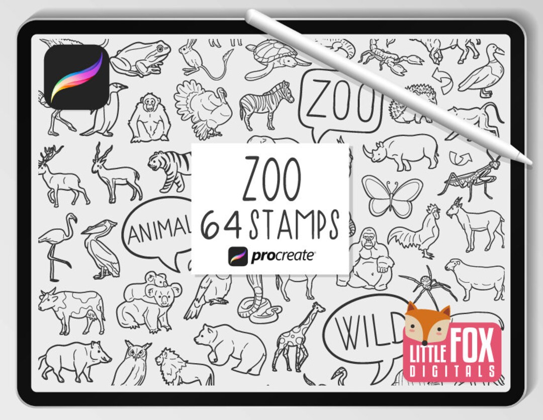 ZOO ANIMALS STAMPS, Procreate Brushes, Animal Icons Bundle Doodles ...
