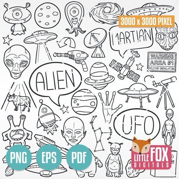 ALIEN and UFO Doodle Icons. Galaxy Space Travel Traditional | Etsy