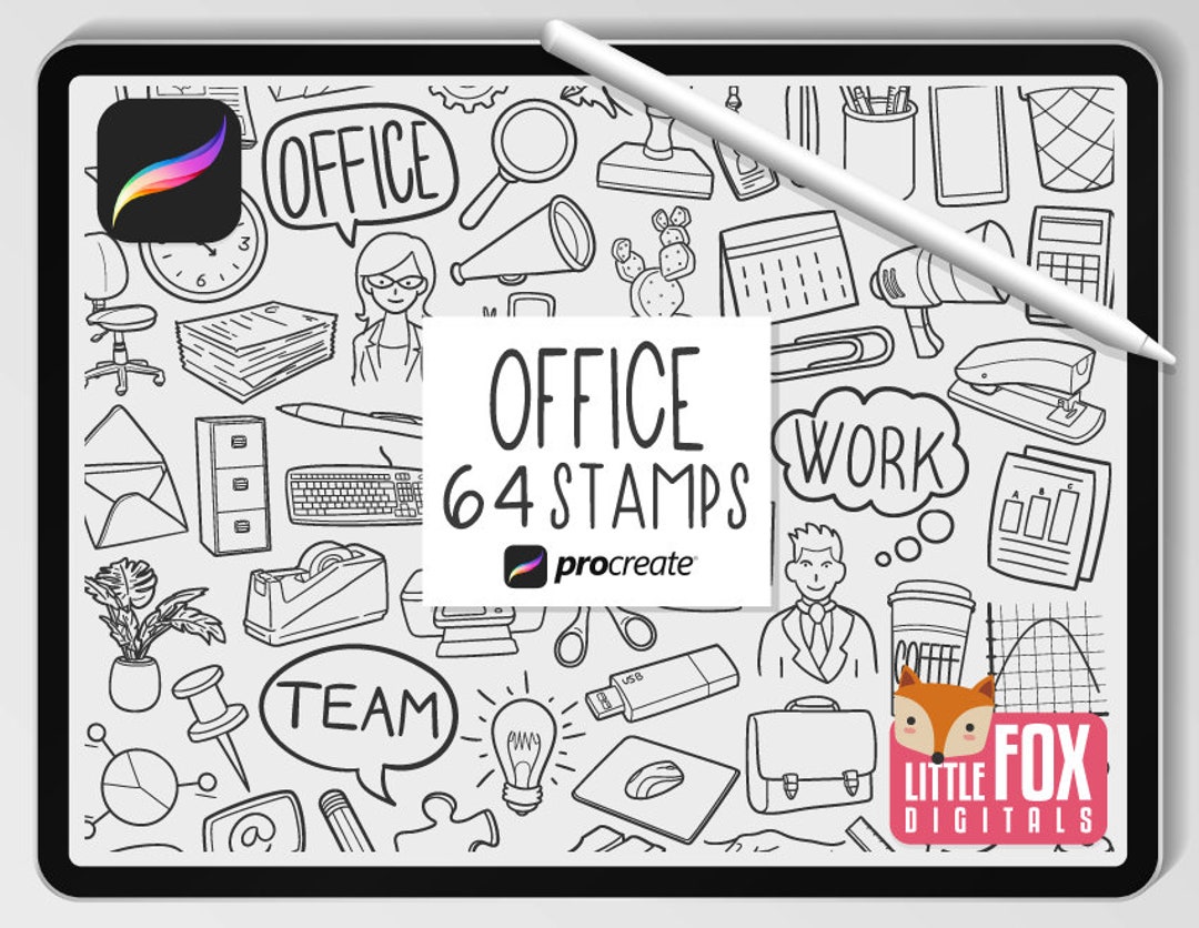 OFFICE STAMPS, Procreate Brushes, Supplies Icons, Work Bundle Doodles ...