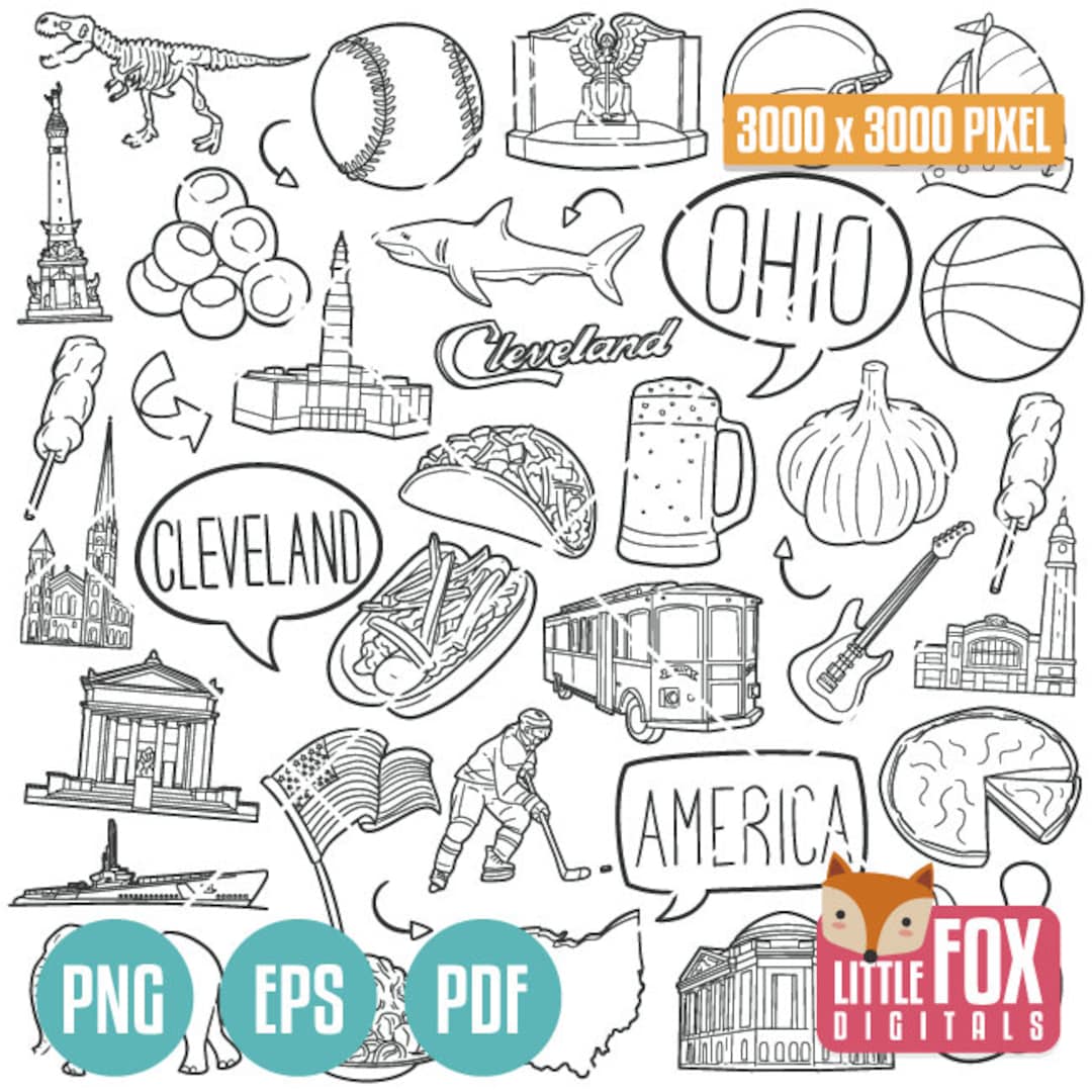 CLEVELAND, Ohio DOODLE Icons. Travel America Tourism. Culture and ...