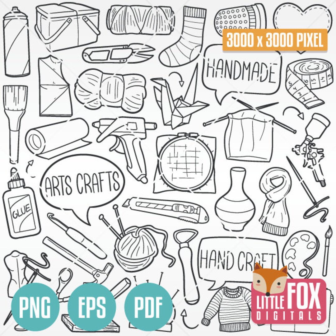 HANDMADE and ARTS CRAFTS Doodle Clipart Icons. Handcraft Made With Love ...