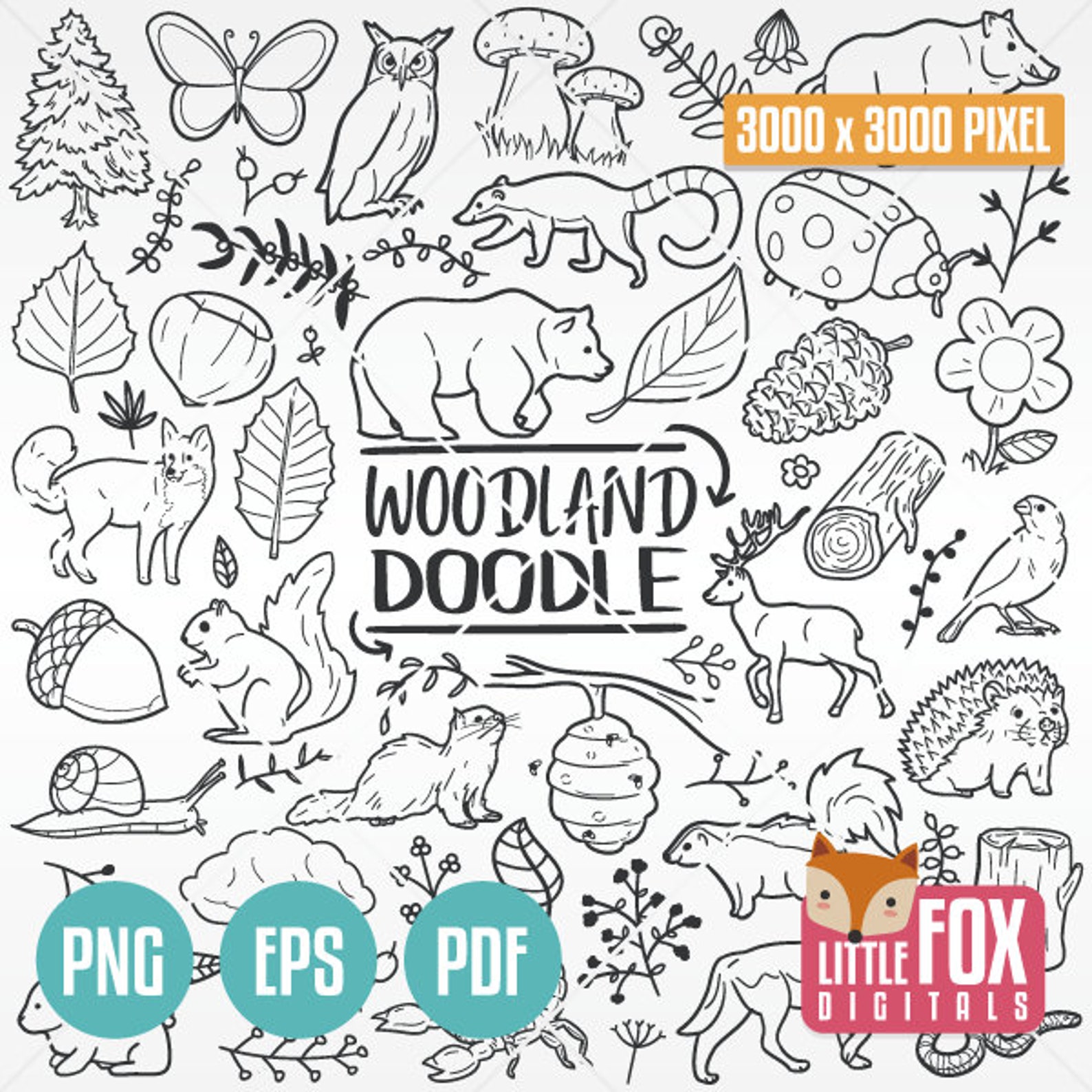 WOODLAND Mountain Animals Wildlife Forest Fauna Doodle Icons. - Etsy